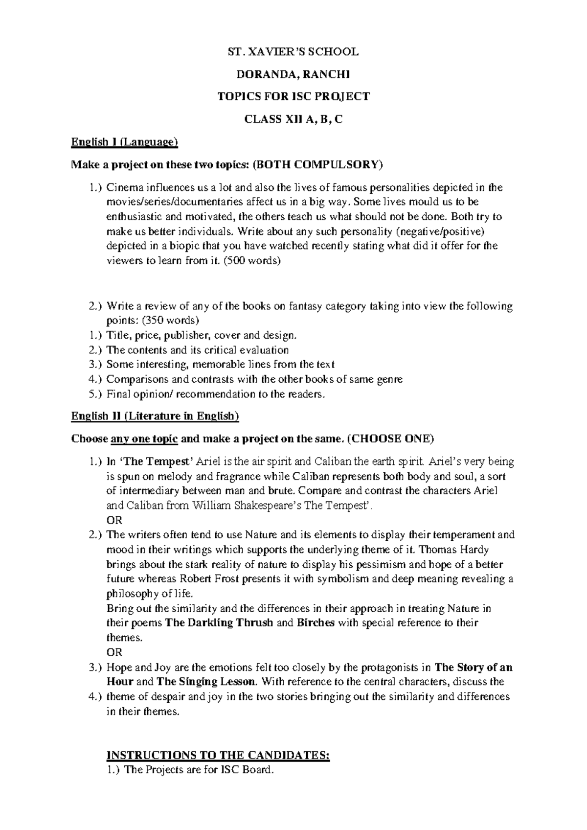 ISC Class XII Project Guidelines and Topics by Sahil Rana - Studocu