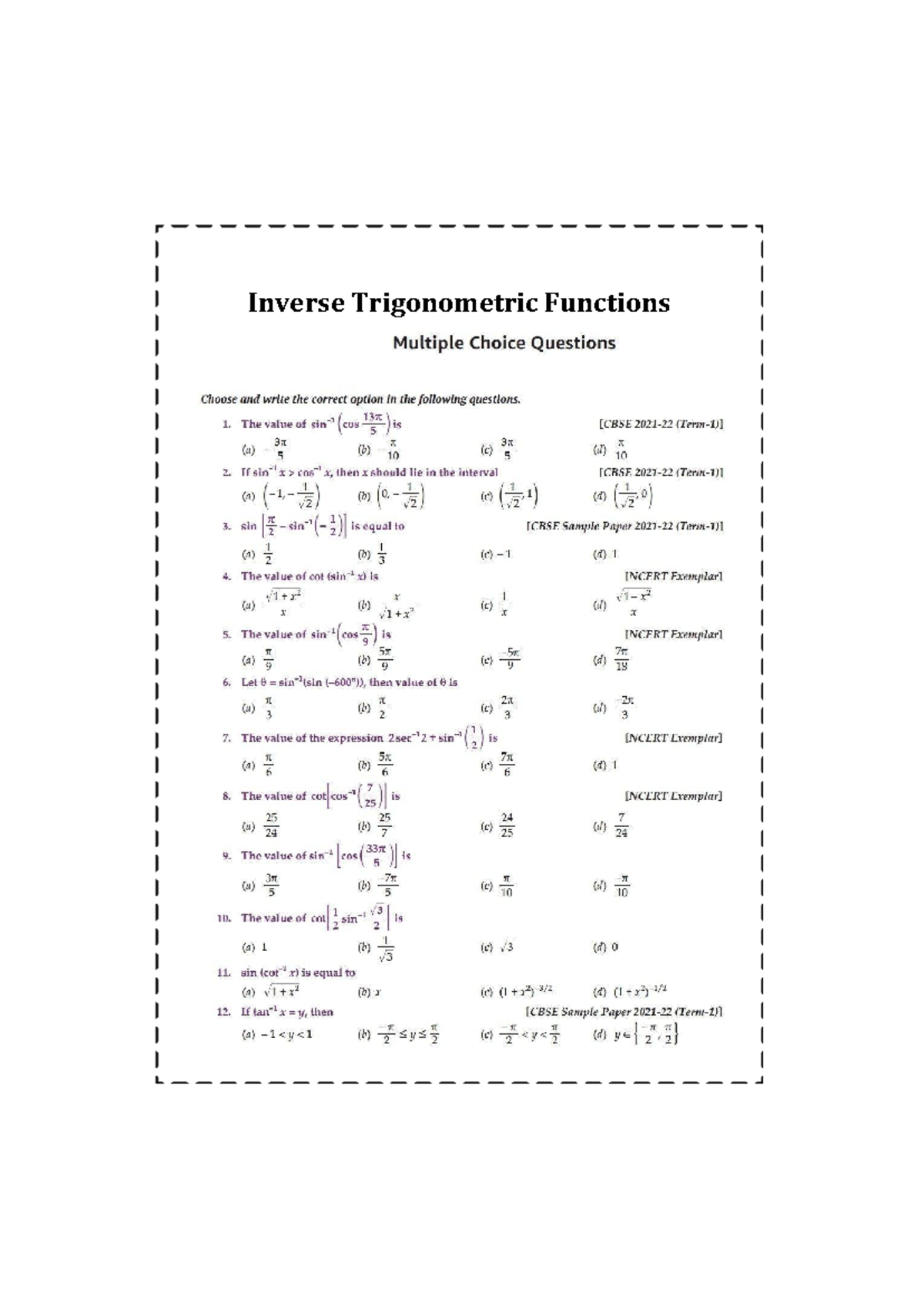 ITF - Inverse Trigonometric Functions MCQ Sample Paper - Studocu