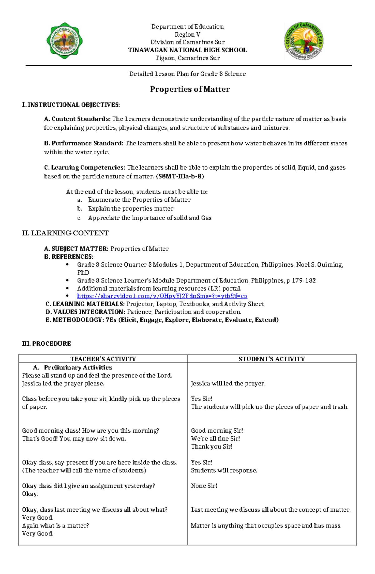 Grade 8 Science Detailed Lesson Plan: Properties of Matter (7Es) - Studocu