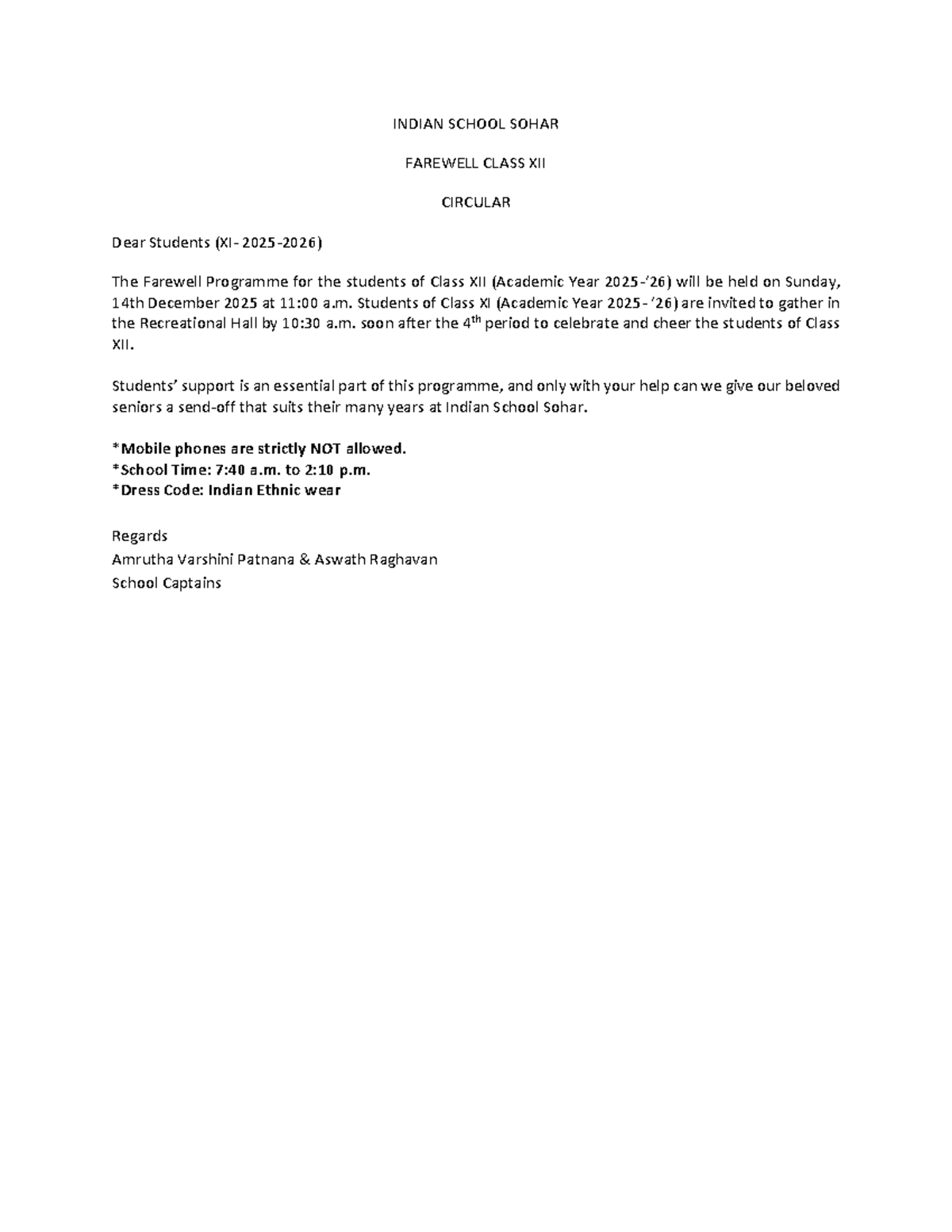 XII Farewell Circular for Class XI - Indian School Sohar - Studocu