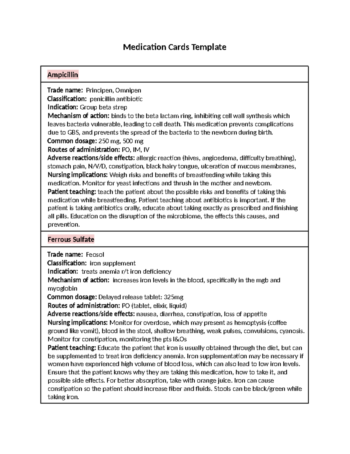 Copy of Medication Cards Template - Medication Cards Template ...