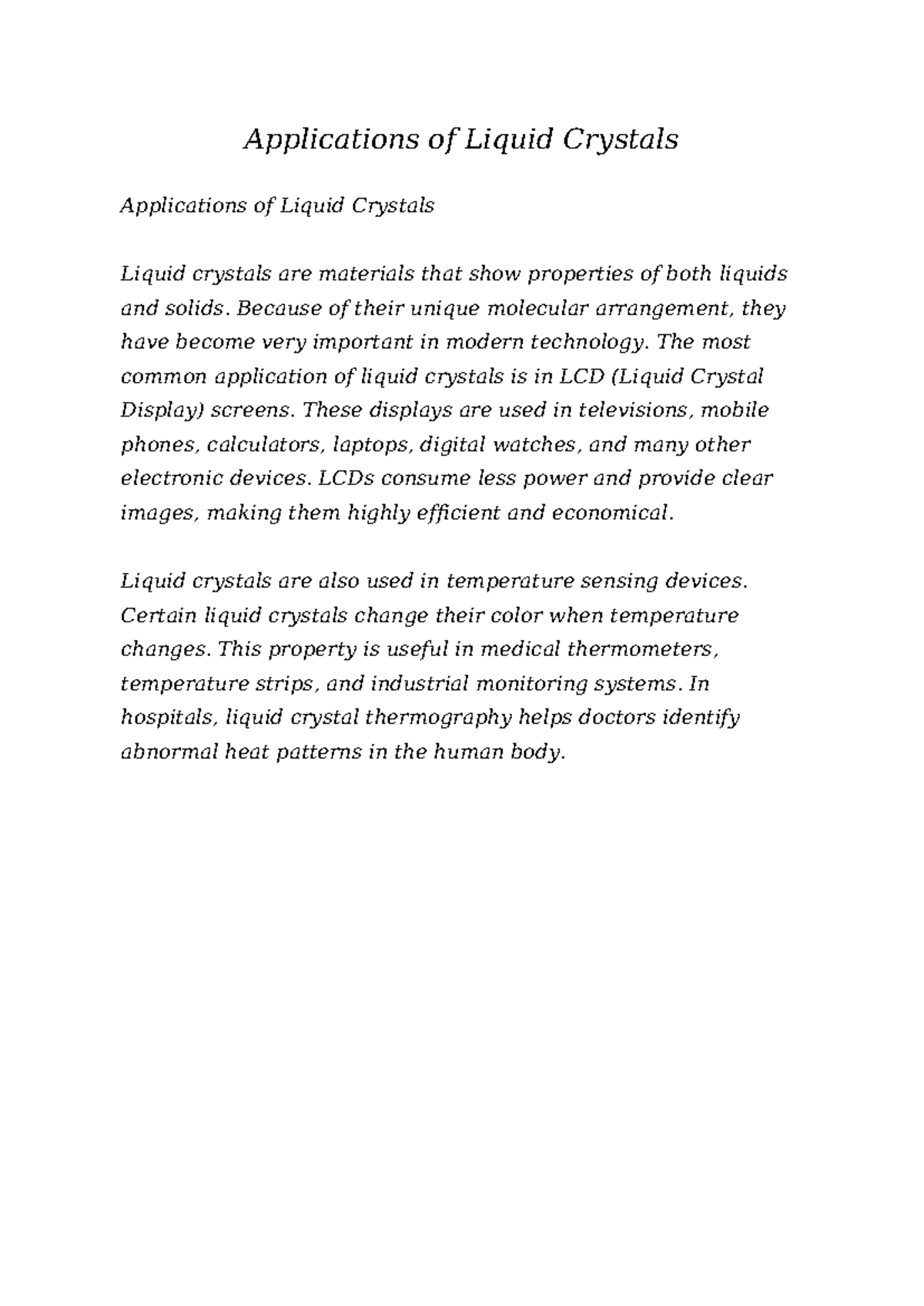 Applications of Liquid Crystals in Technology and Medicine - Studocu