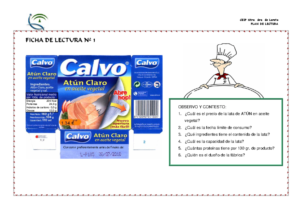 CEIP Ntra. Sra. de Loreto PLAN DE LECTURA: Fichas de Comprensión ...