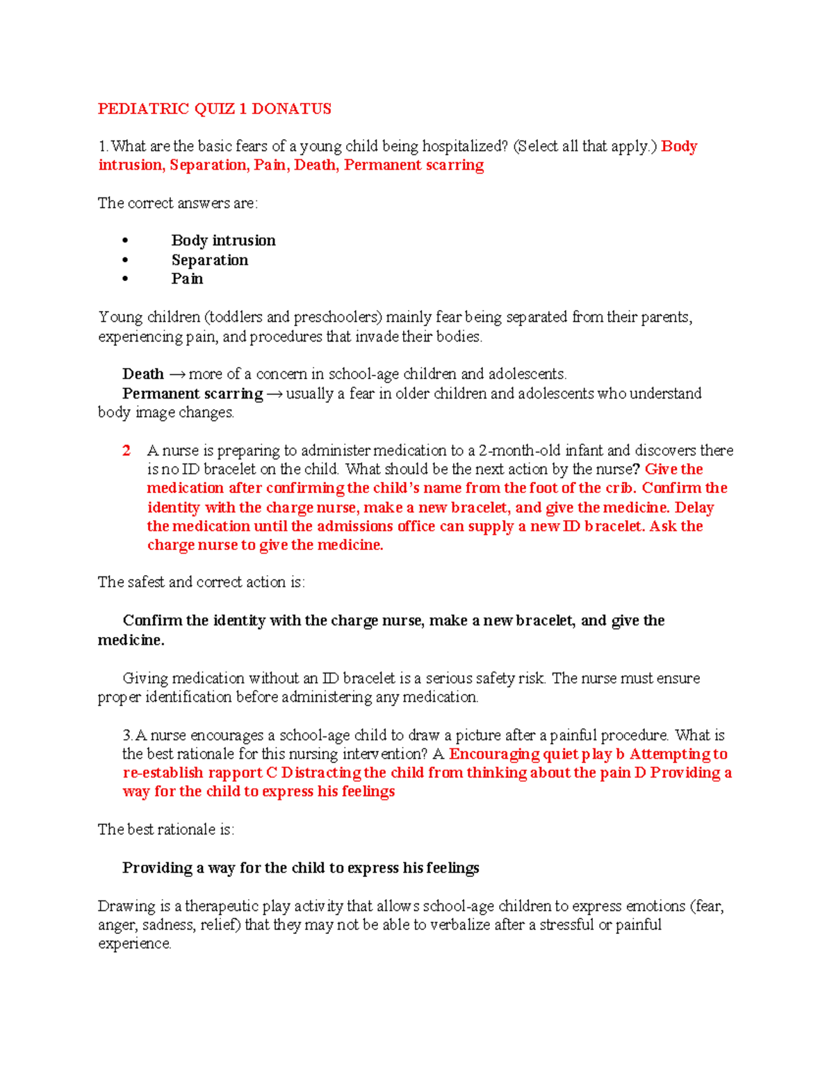 Pediatric Quiz 1 - Key Concepts and Answers - Studocu