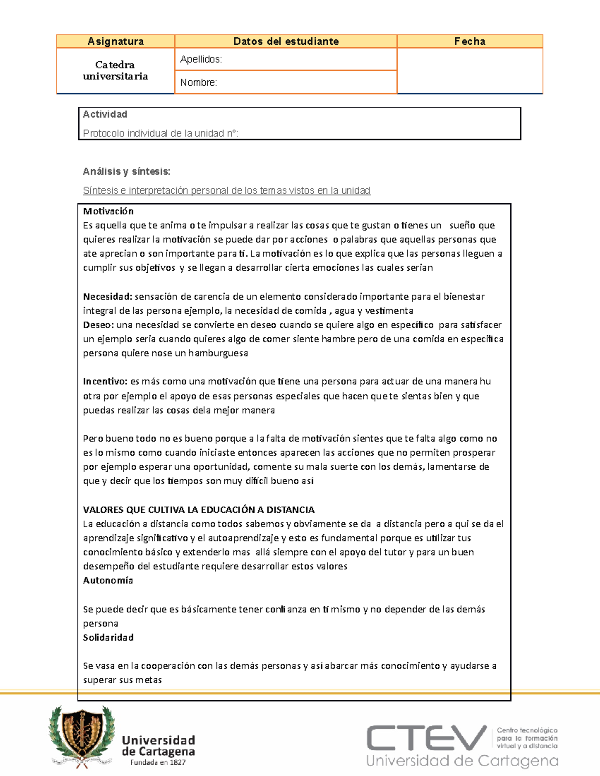 Unidad 2 de catedra - sintesis - Asignatura Datos del estudiante Fecha ...
