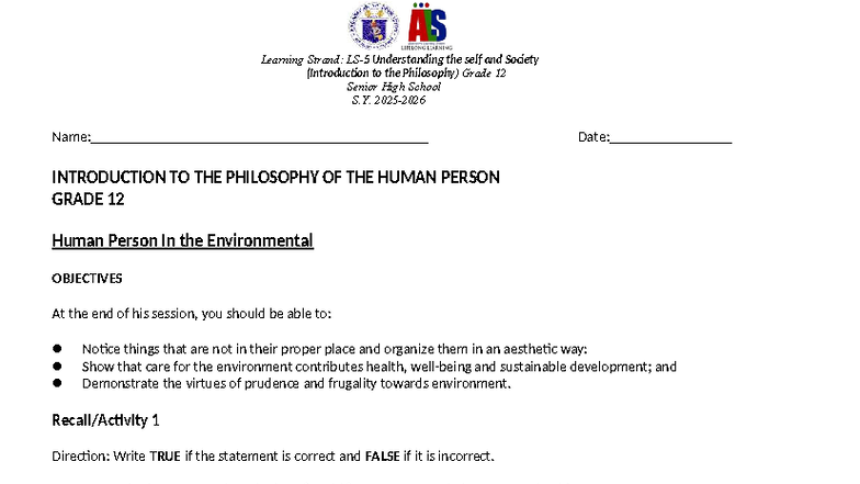The human person in the Environment G12 Introtophilo - Learning Strand ...