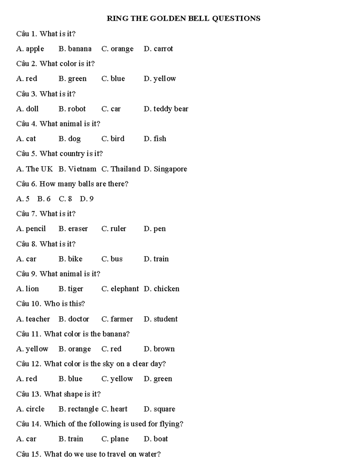 RING THE GOLDEN BELL Quiz Questions and Answers - Studocu