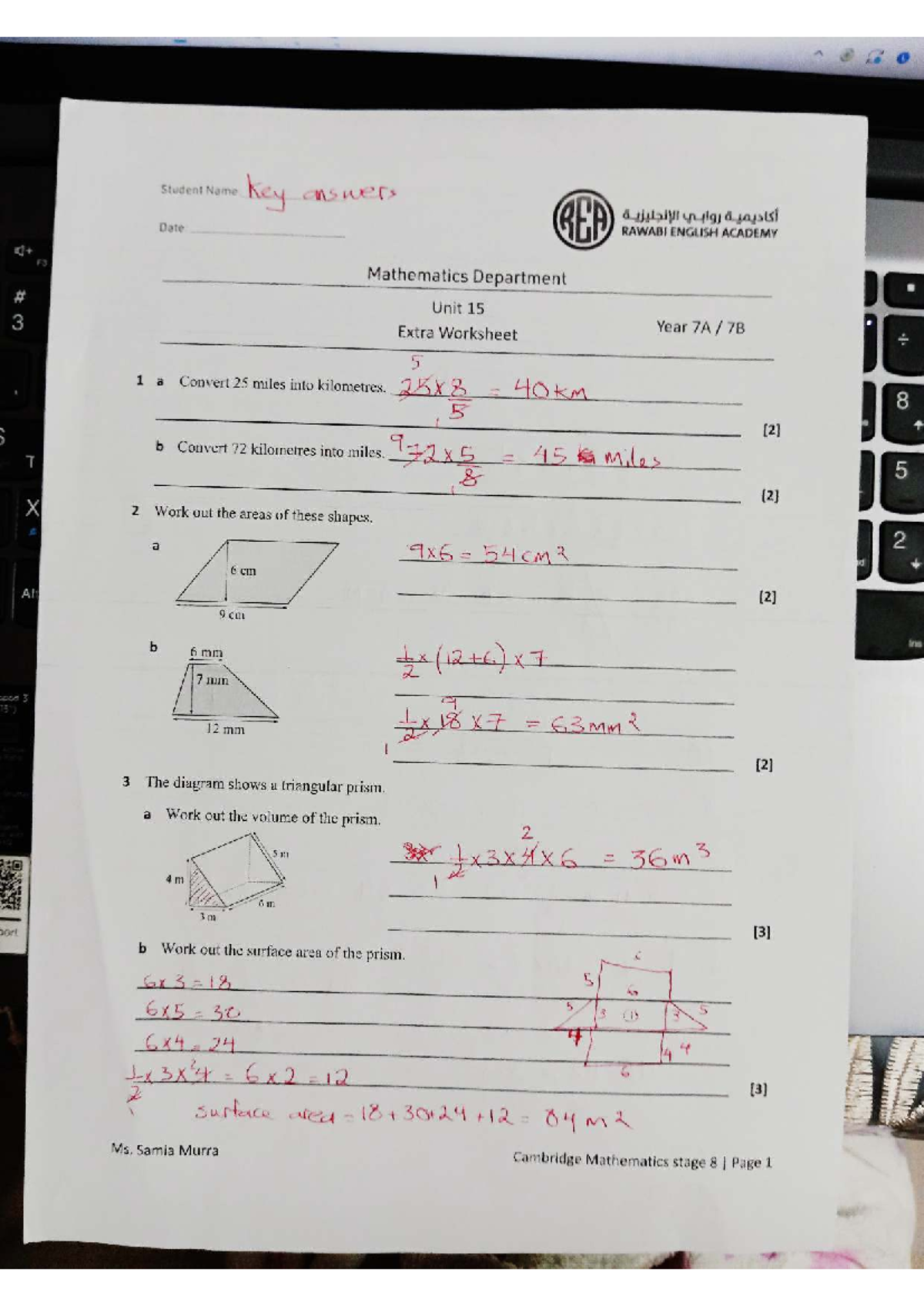 Mathematics 7 Unit 15 Extra Worksheet: Area & Volume Problems - Studocu