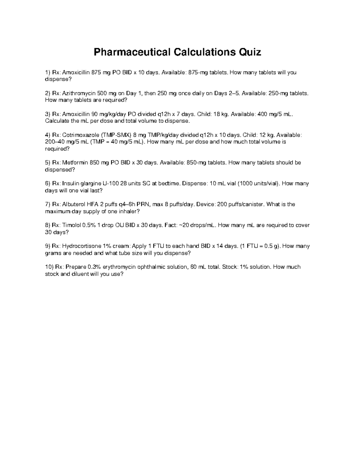 Pharmaceutical Calculations Quiz: Key Questions & Answers - Studocu