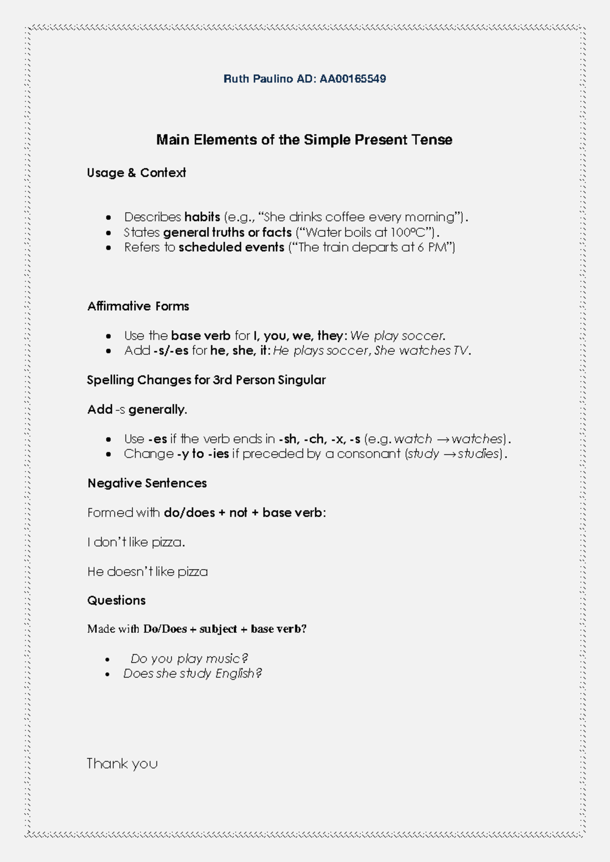 AD: AA00165549 Main Elements of Simple Present Tense Usage - Studocu