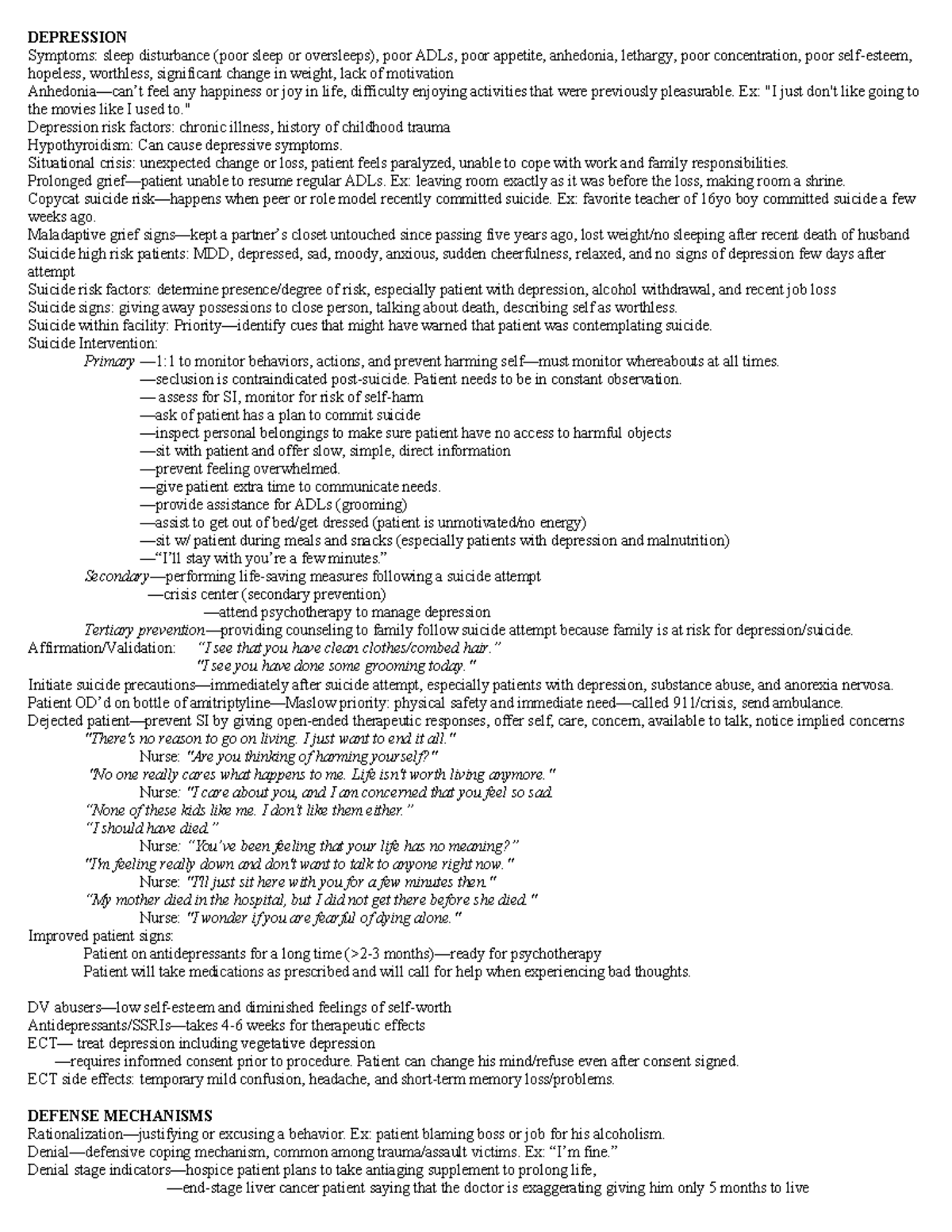 ATI 1 and 2 - stuff - DEPRESSION Symptoms: sleep disturbance (poor sleep or oversleeps), poor ...