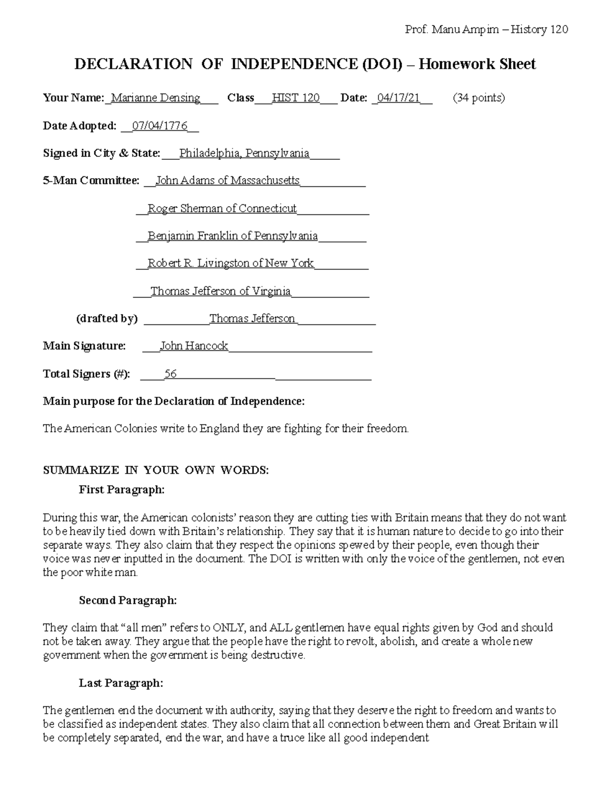 HIST 120 - Declaration of Independence Homework Summary by Marianne ...