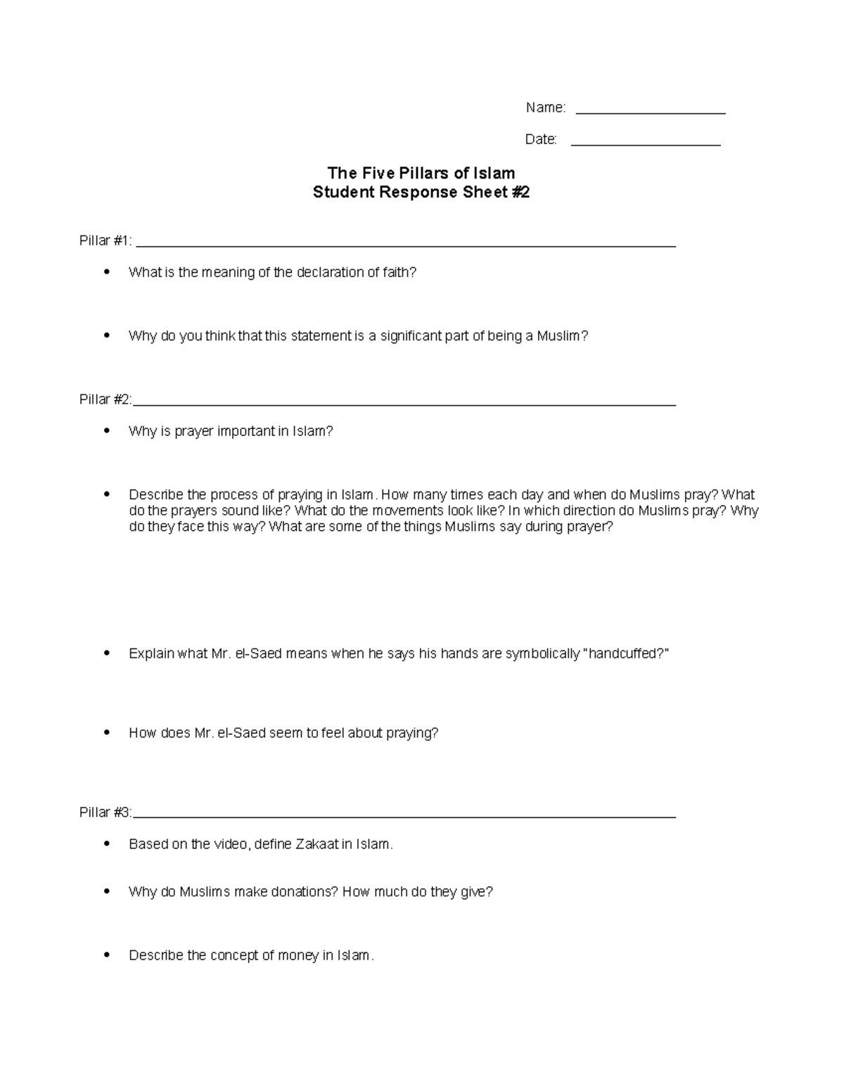 5 Pillars of Islam: Student Response Sheet - Studocu