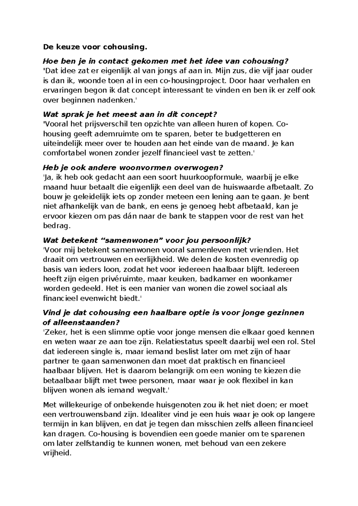 Cohousing: Een Slimme Woonoplossing voor Jongeren en Gezinnen - Studocu