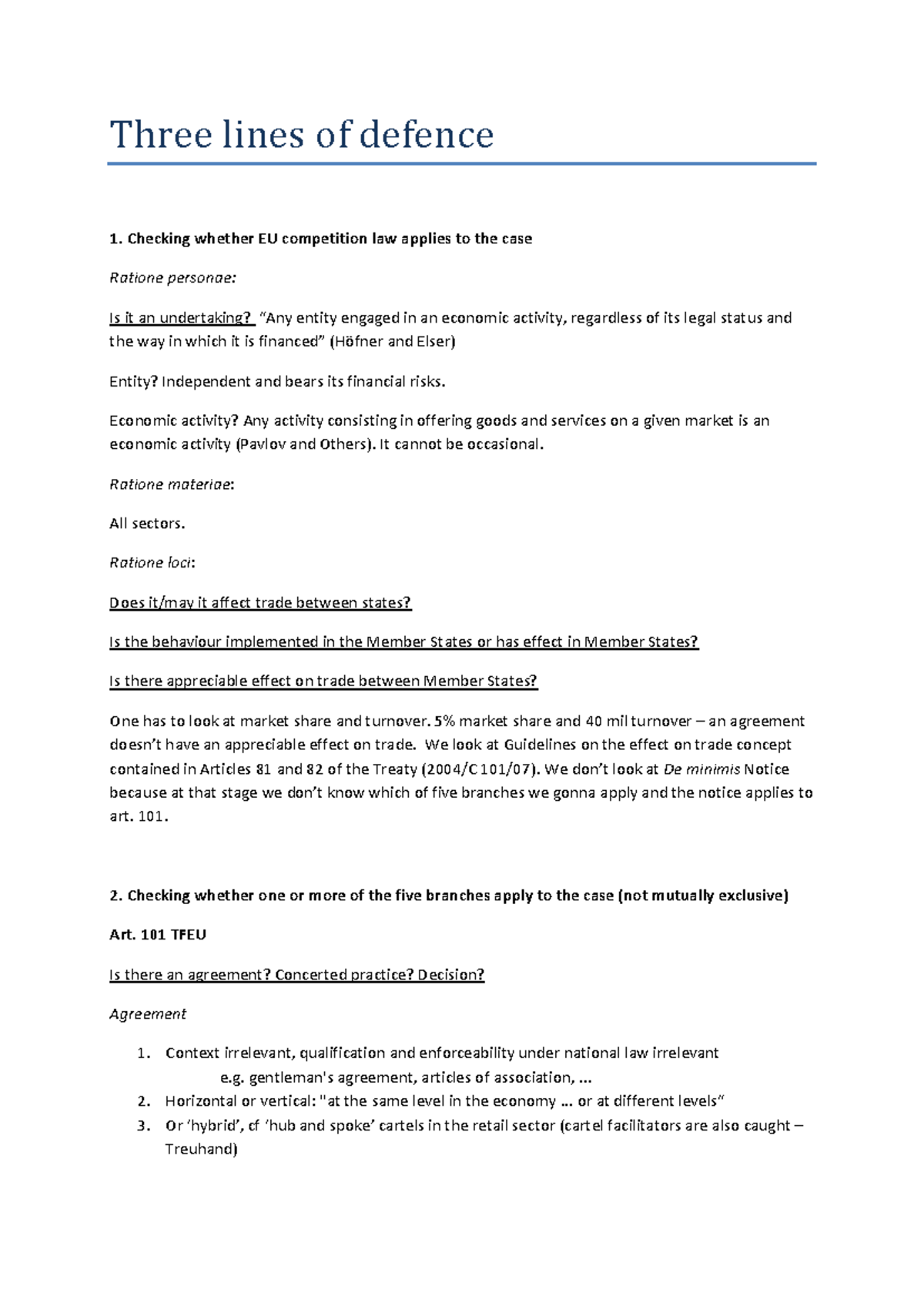 Three Lines of Defence - EU Competition Law Analysis - Studeersnel
