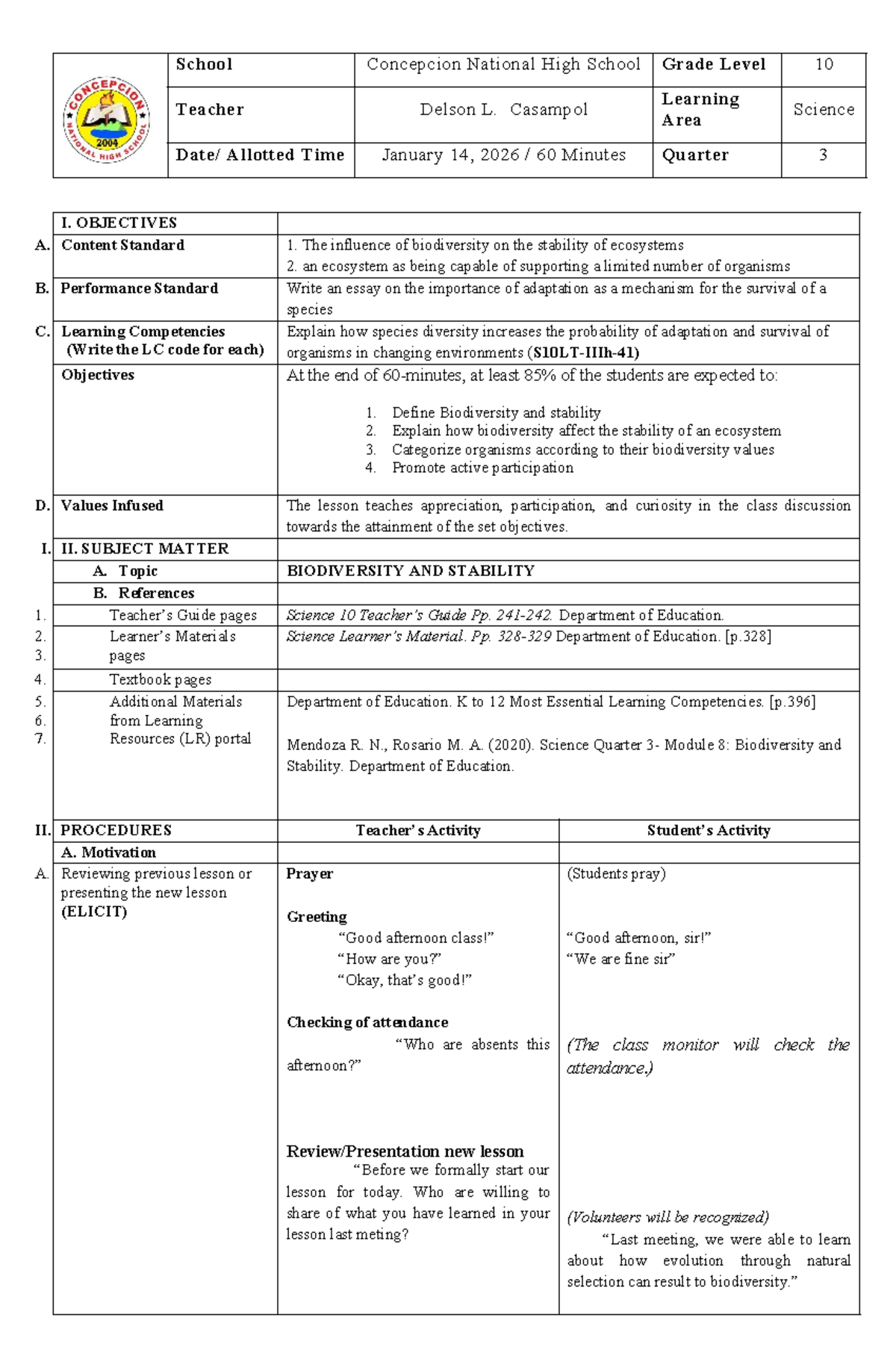 Detailed Lesson Plan: Biodiversity and Stability (Science 10) - Studocu