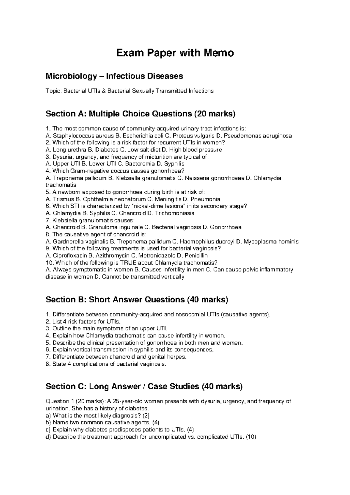 Microbiology Exam Paper: Bacterial UTIs & STIs (MCQs & Case Studies ...