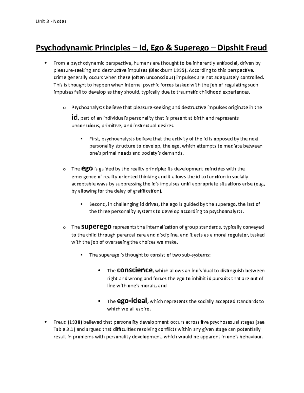 Unit 3 - Notes - Psychodynamic Principles – Id, Ego & Superego ...