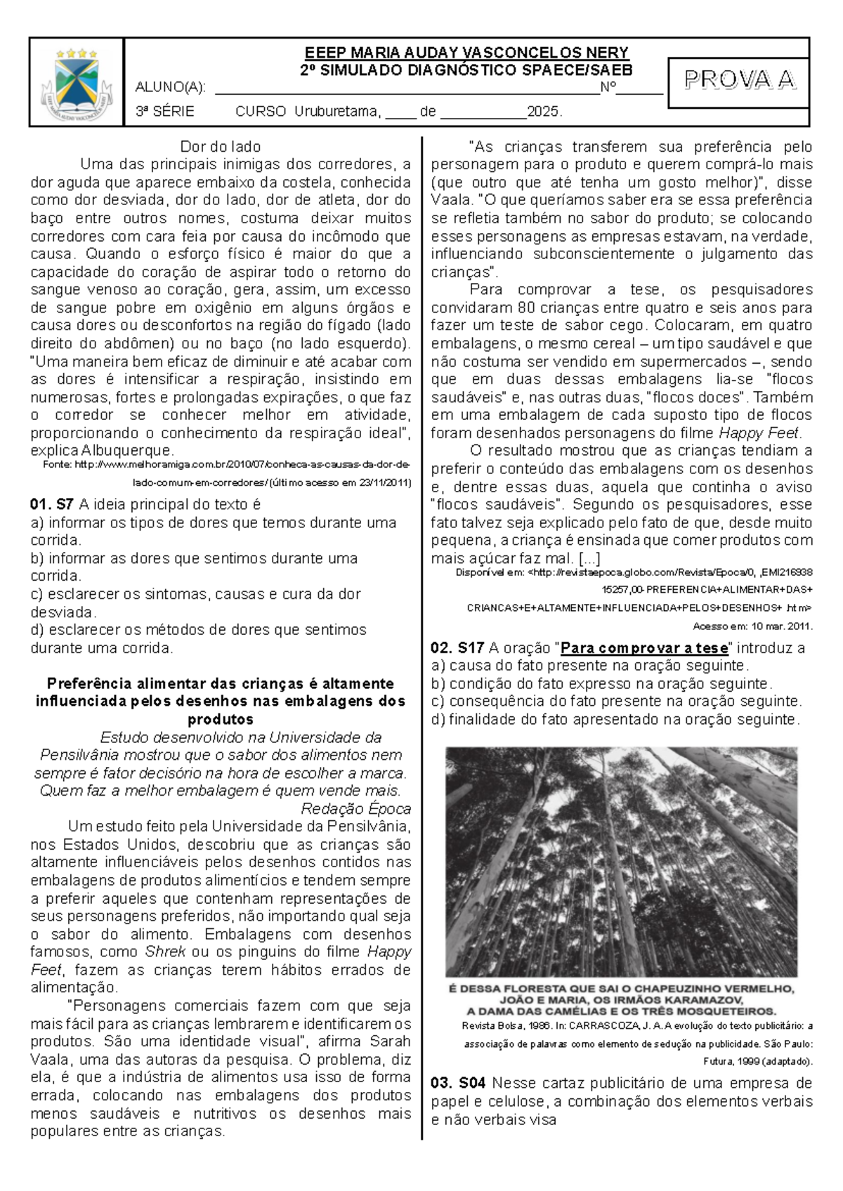 2º Simulado Diagnóstico de Língua Portuguesa - MARIA AUDAY VASCONCELOS ...