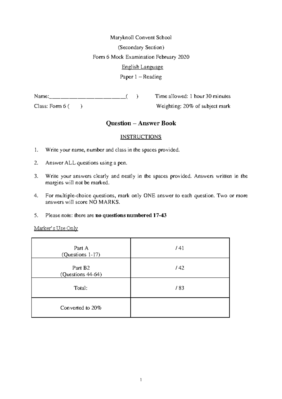 瑪利諾-F6 Mock 2020 P1 QABook - Maryknoll Convent School (Secondary ...