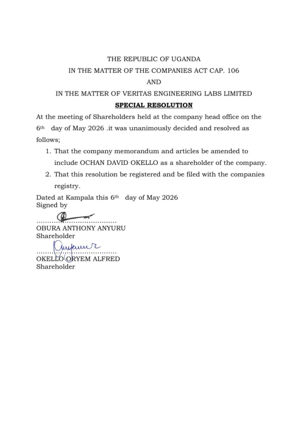 Special Resolution Amendment for Veritas Engineering Labs Ltd - Studocu