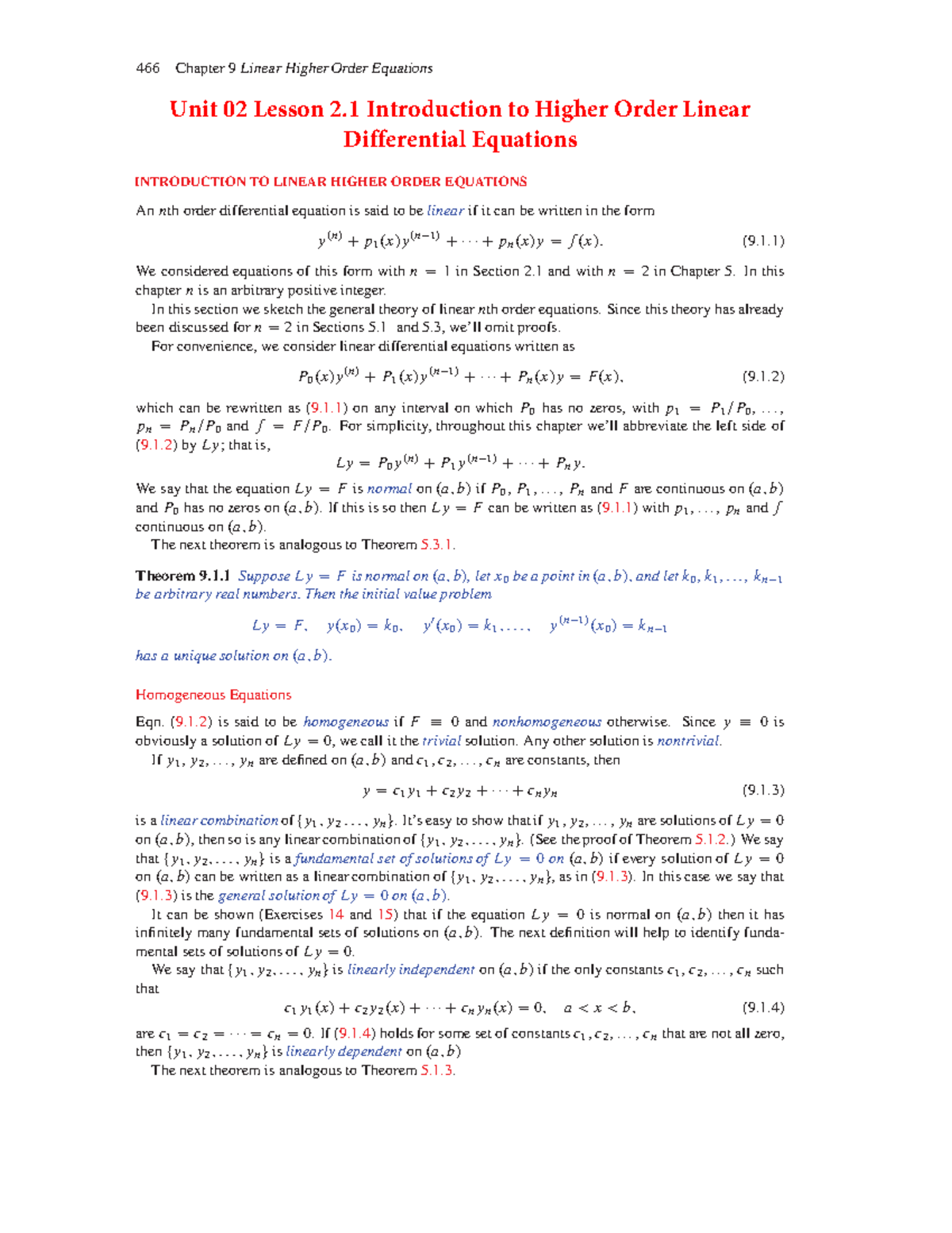 MATH 301 Chapter 9: Introduction to Linear Higher Order Equations - Studocu