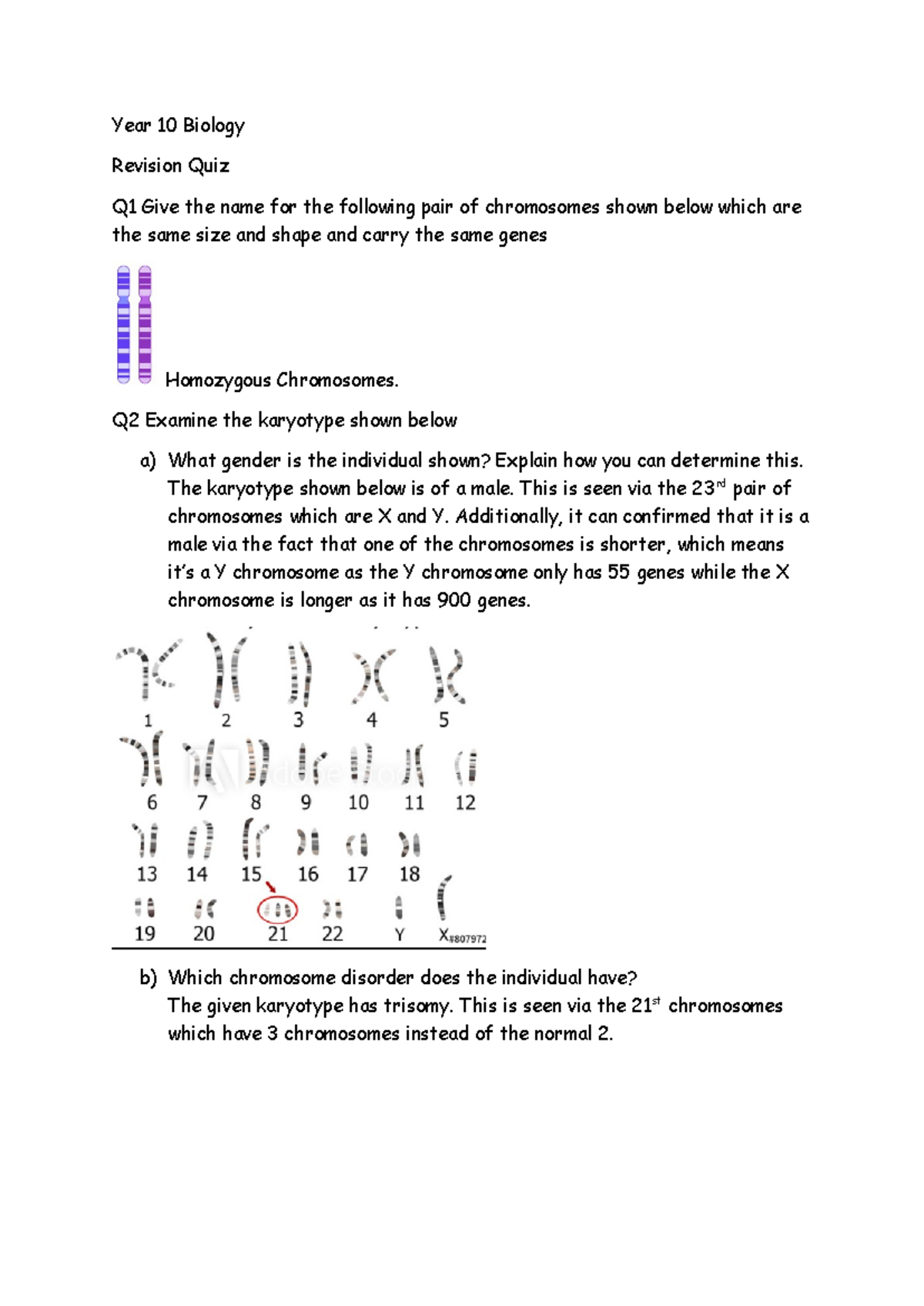 Year 10 Biology Revision Quiz 1: Topics on Chromosomes & Genetics - Studocu