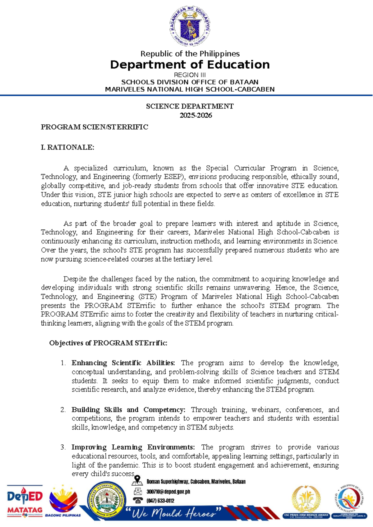 Action Plan 2025-2026: Enhancing STE Education at Mariveles National ...