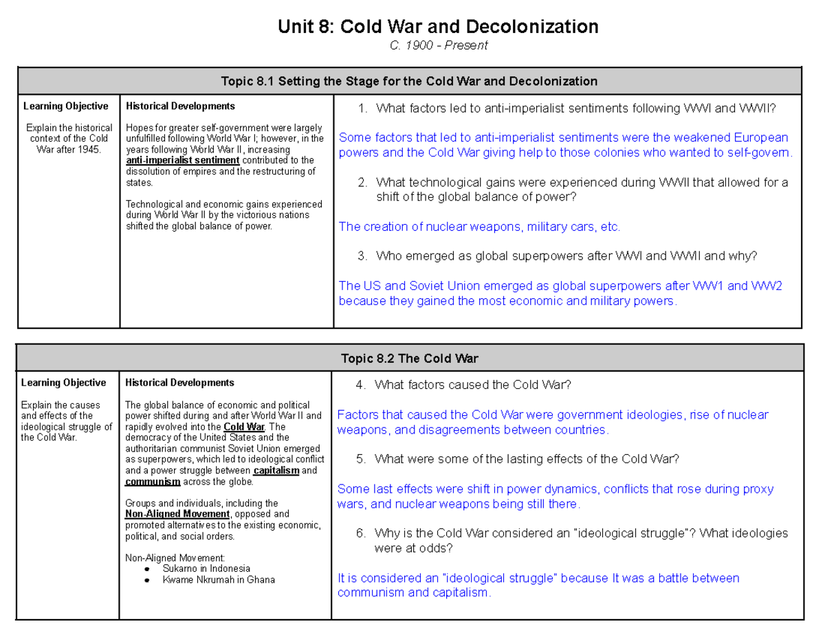 Unit 8 Study Guide: Cold War & Decolonization (C. 1900-Present) - Studocu
