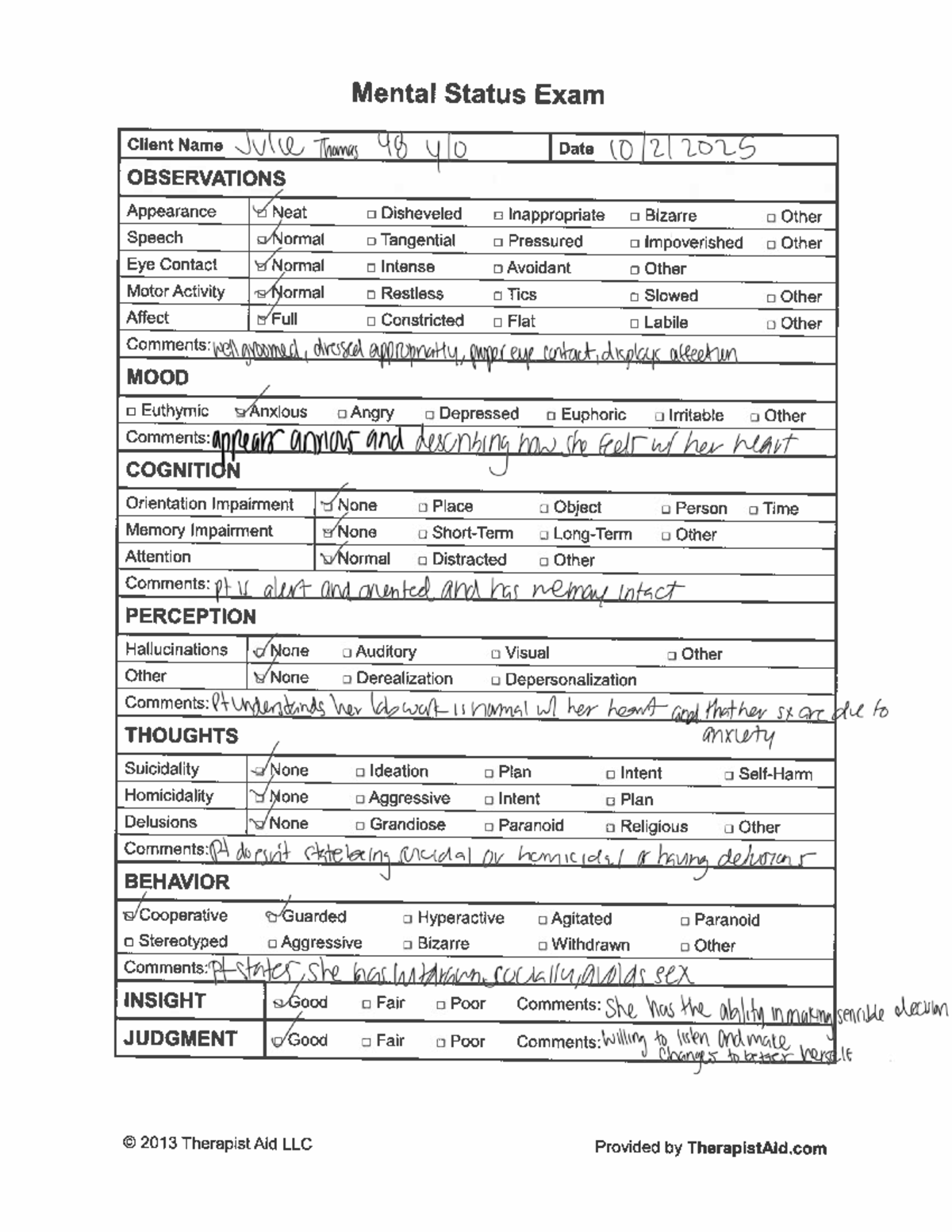 MSE - Anxiety Assessment for Client Julie Thomas (48) - Studocu