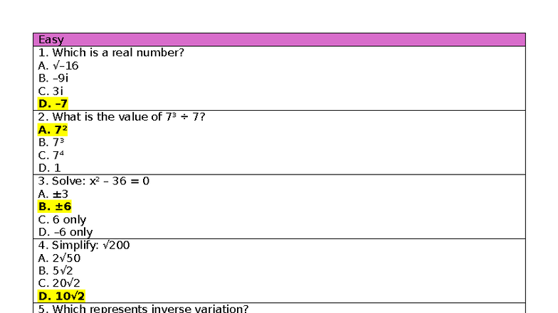 Math 101: Questions for Midterm Exam on Quadratic Functions and ...