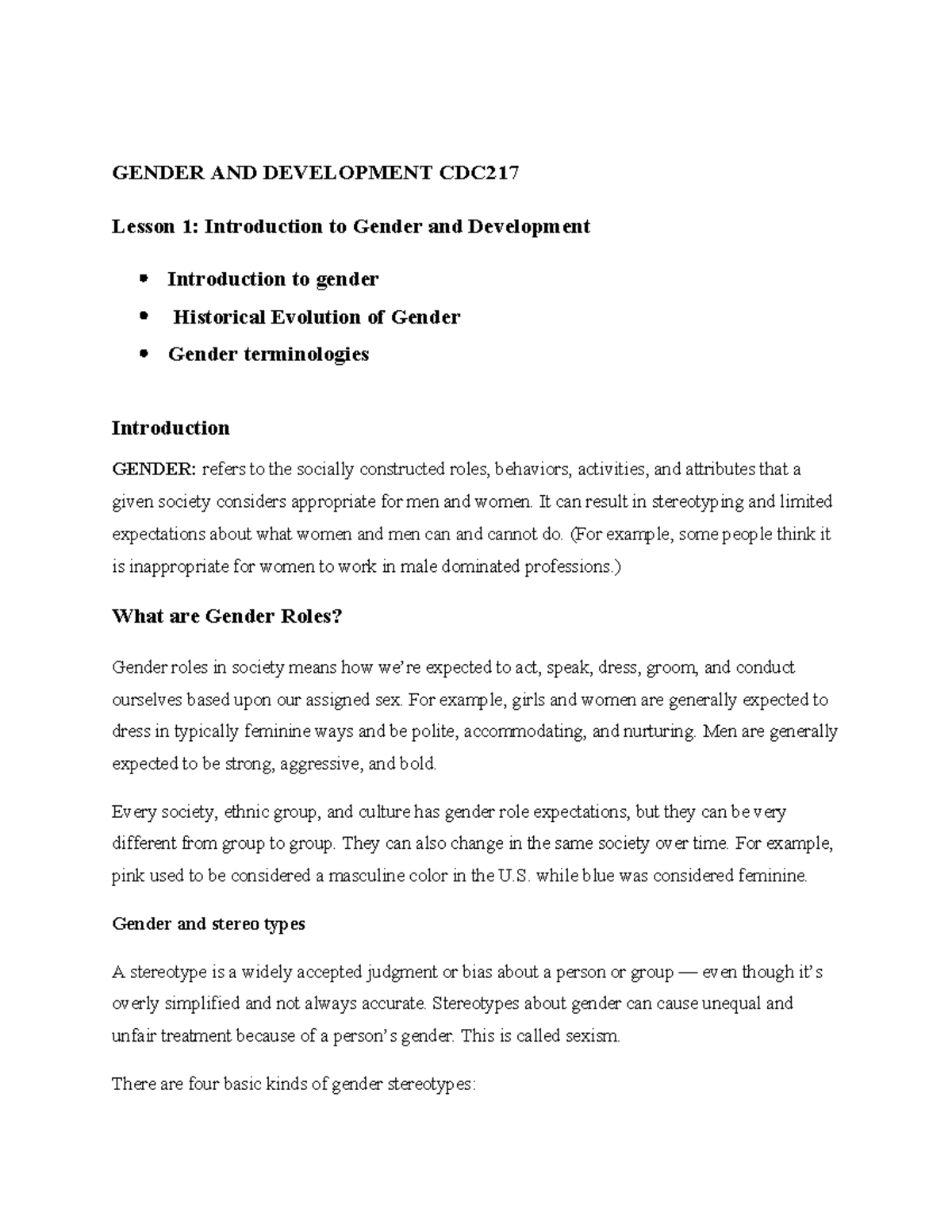 CDC217 Lesson 1: Intro to Gender & Development Concepts - Studocu