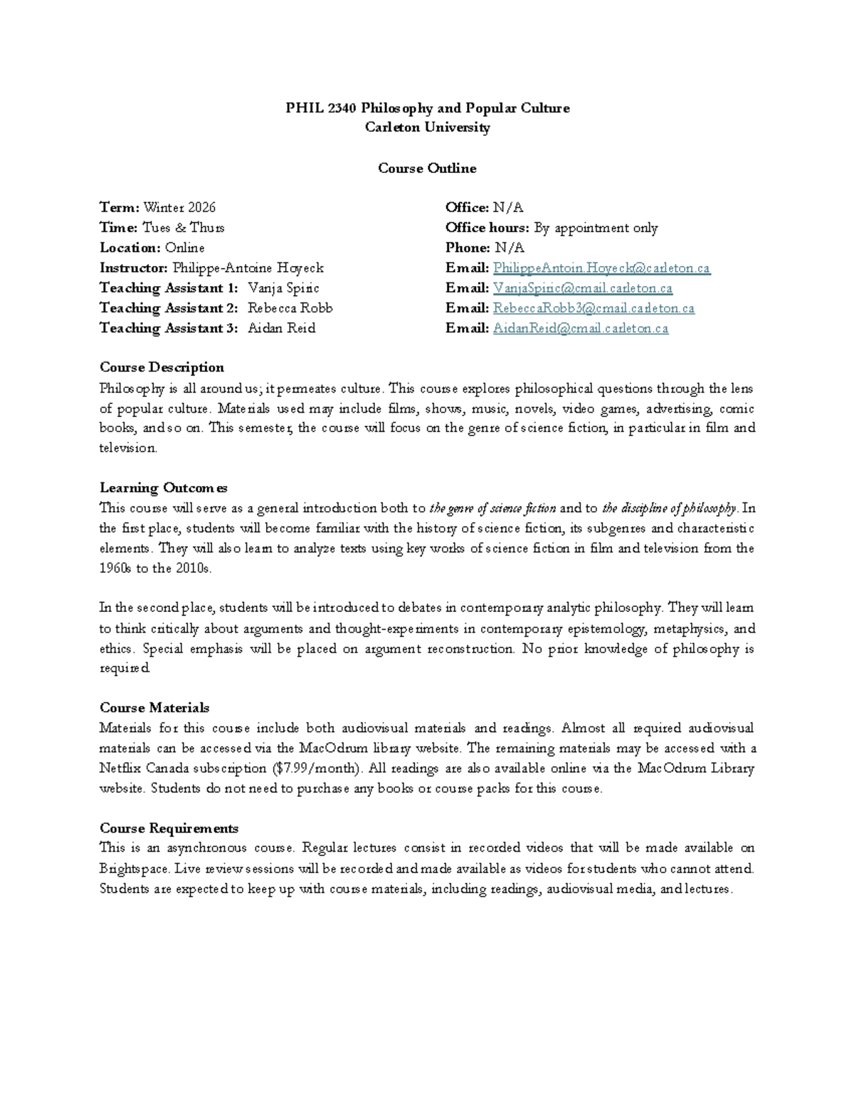 PHIL 2340 Course Outline: Philosophy & Popular Culture (Winter 2026 ...