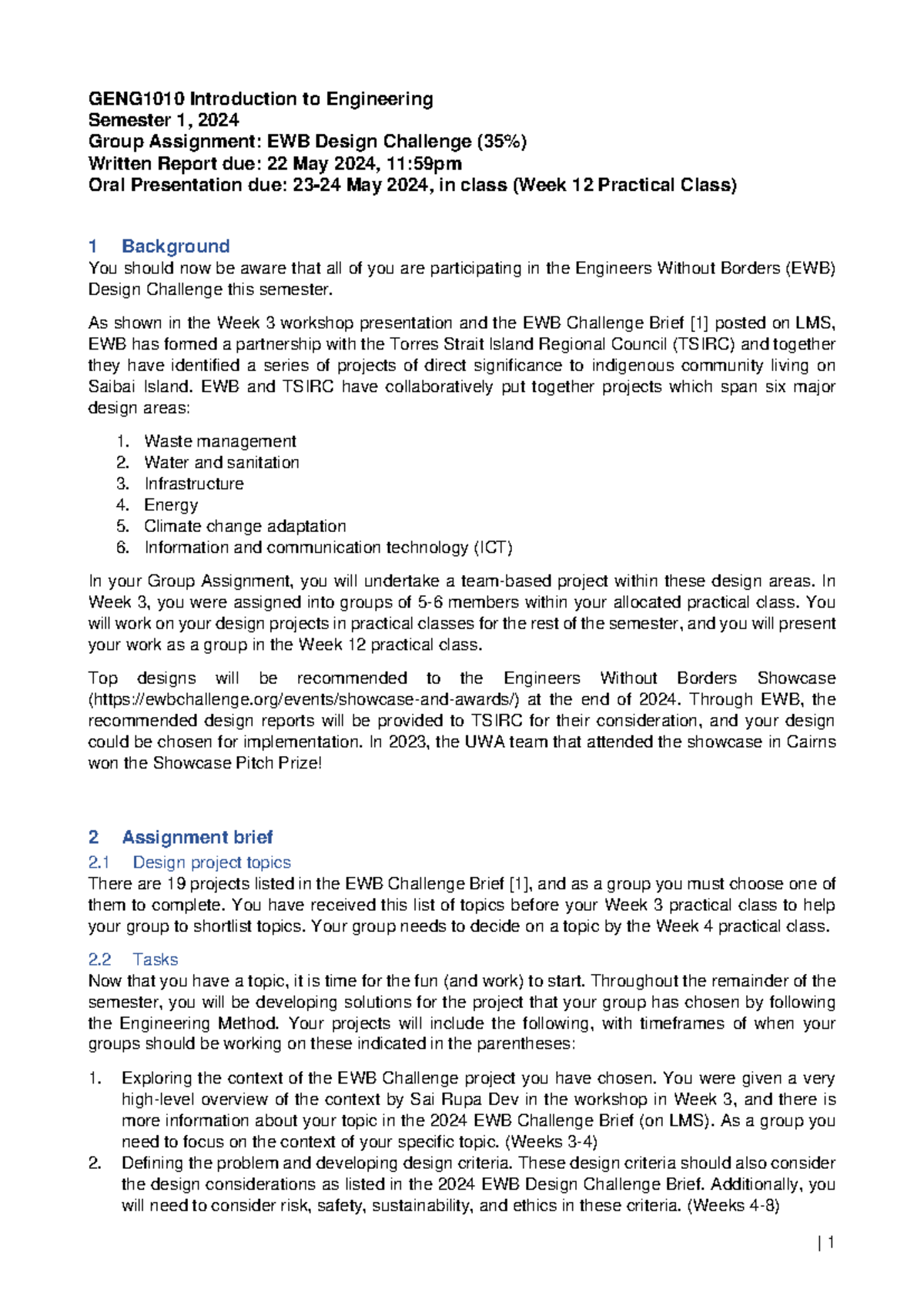 GENG1010 EWB Design Challenge Group Assignment Report & Presentation ...