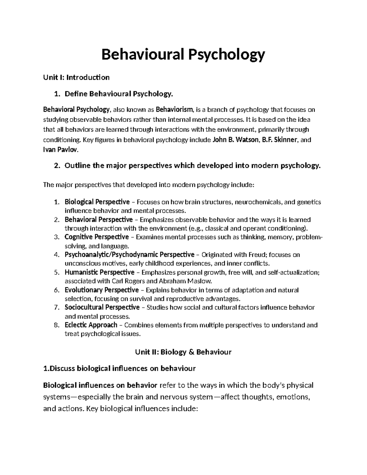 Behavioral Psychology Unit I: Key Concepts and Perspectives - Studocu