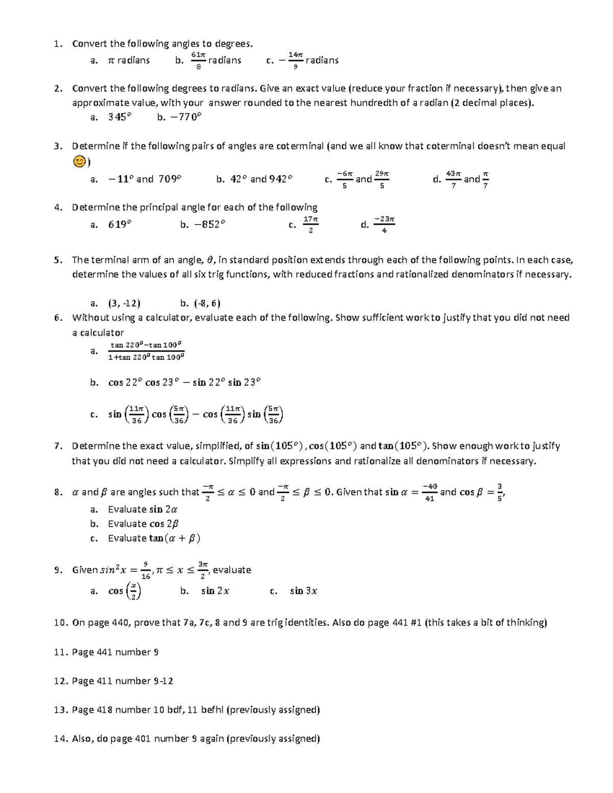 Trig Exercises: Angle Conversions & Trig Functions (MATH 101) - Studocu