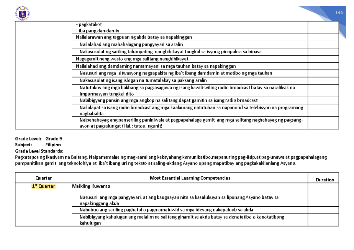 Filipino 9 MELCS: Pagsusuri ng Akda at Kahalagahan ng Damdamin - Studocu