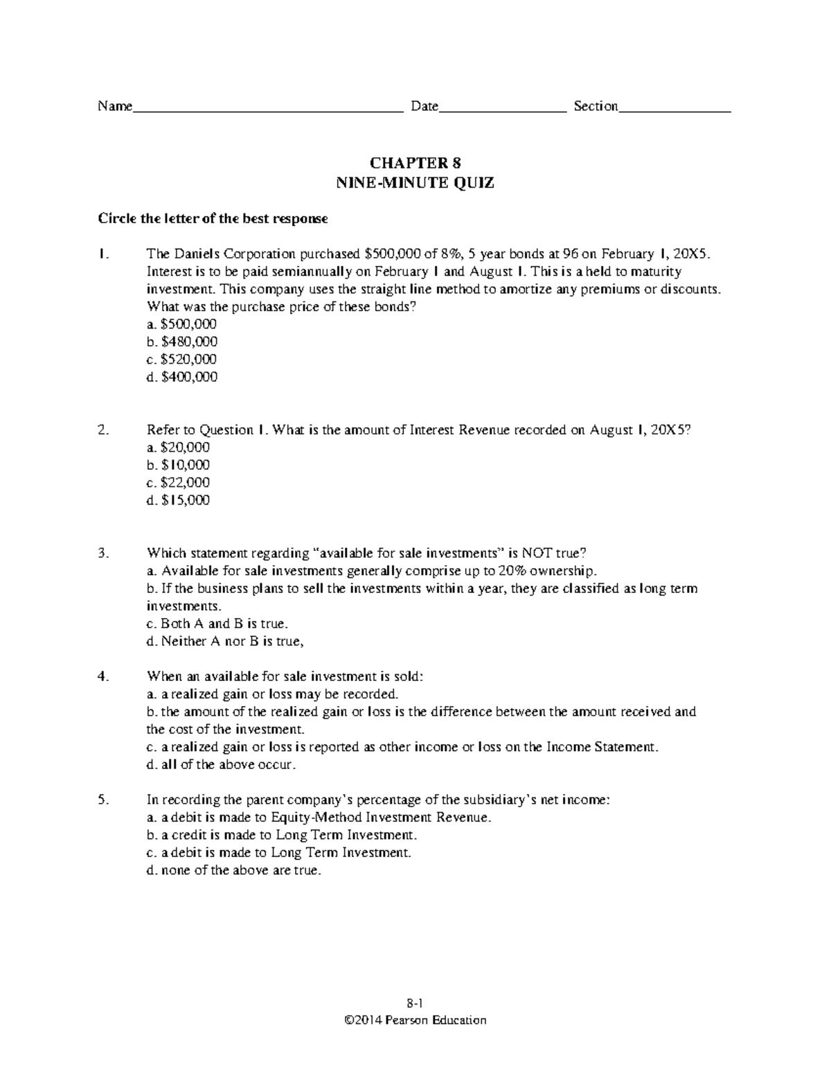 8 chapter 8 nine-minute quiz questions and answers - ©2014 Pearson ...