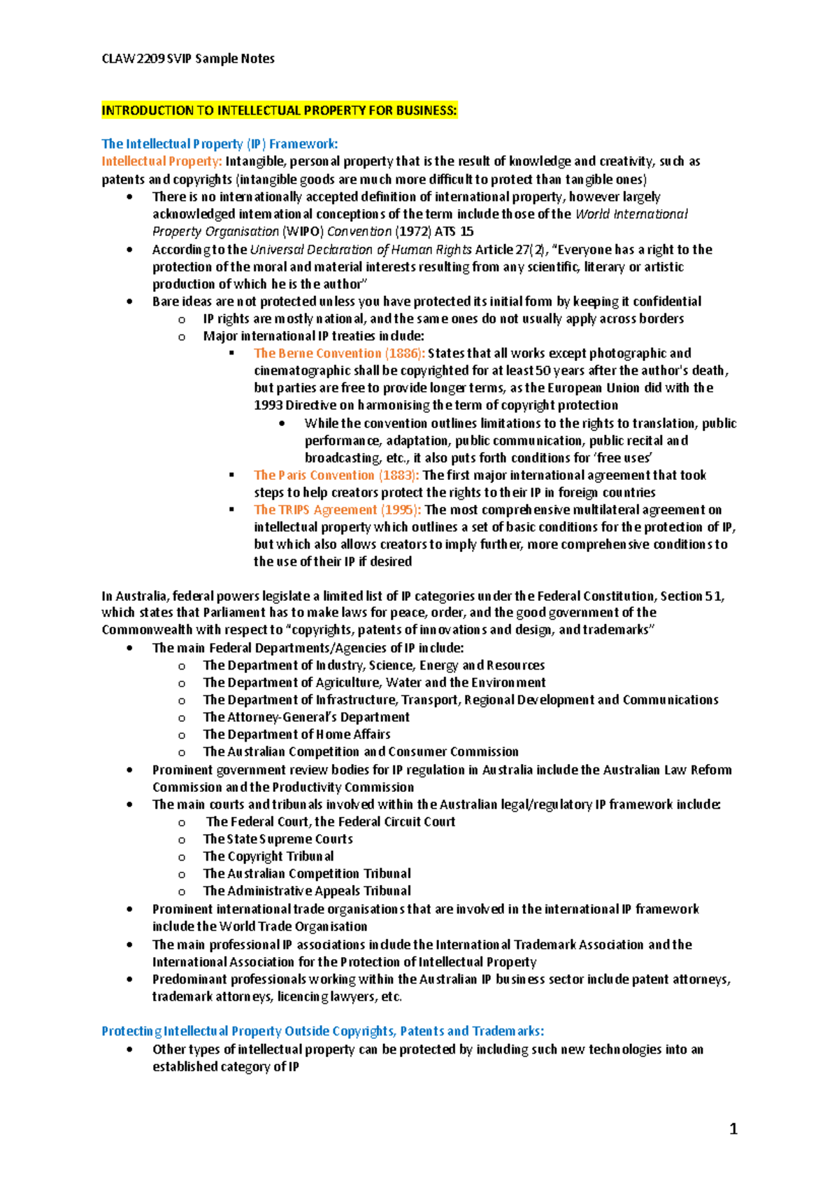 CLAW2209 Final Exam Notes: Introduction to Intellectual Property - Studocu