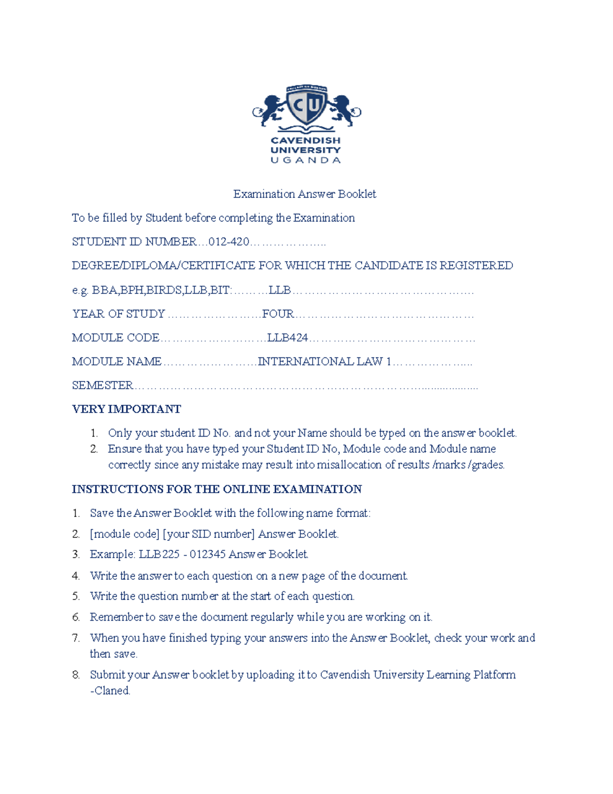 LLB424: International Law 1 Examination Answer Booklet - Studocu