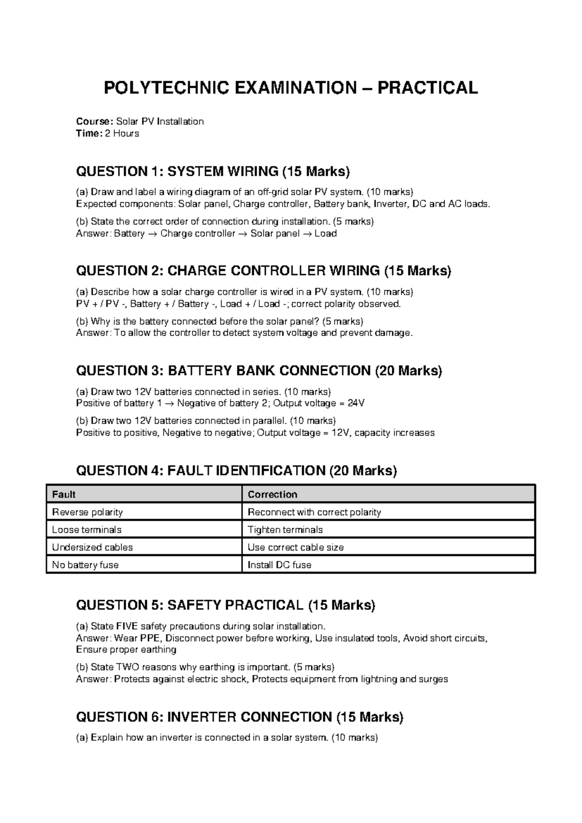 POLYTECHNIC SOLAR PV INSTALLATION PRACTICAL EXAM QUESTIONS - Studocu