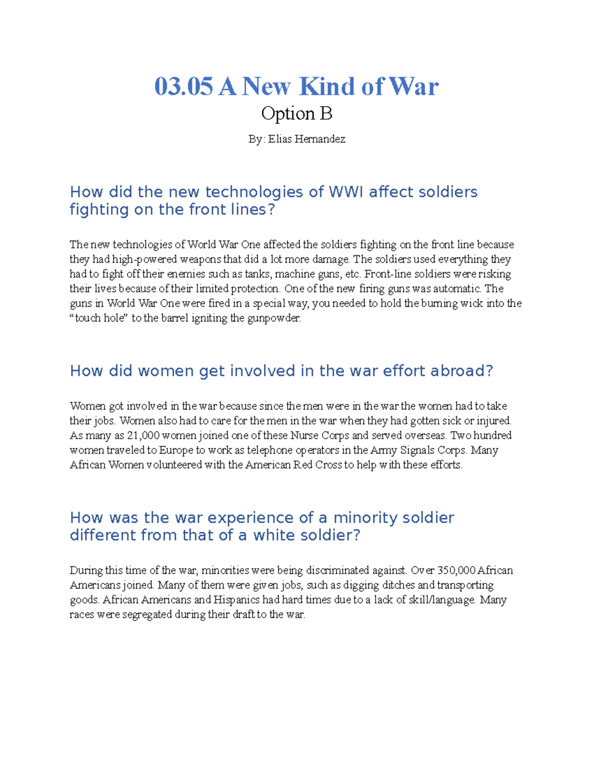 03.05 WWI: The Impact of New Tech on Soldiers & Gender Roles - Studocu