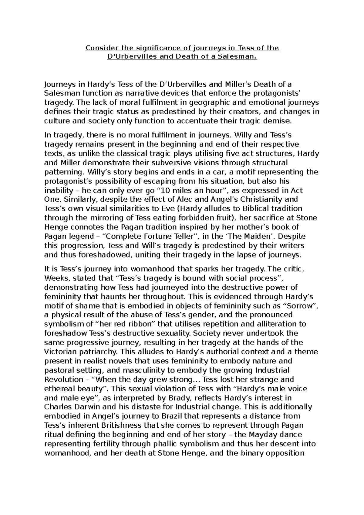 Significance of Journeys in Tess of the and Death of a Salesman - Studocu