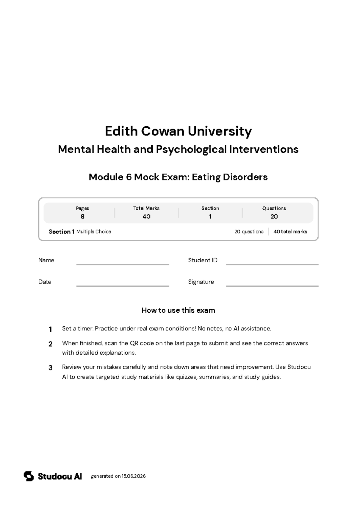 PSY 3456 Module 6 Mock Exam: Eating Disorders - Studocu