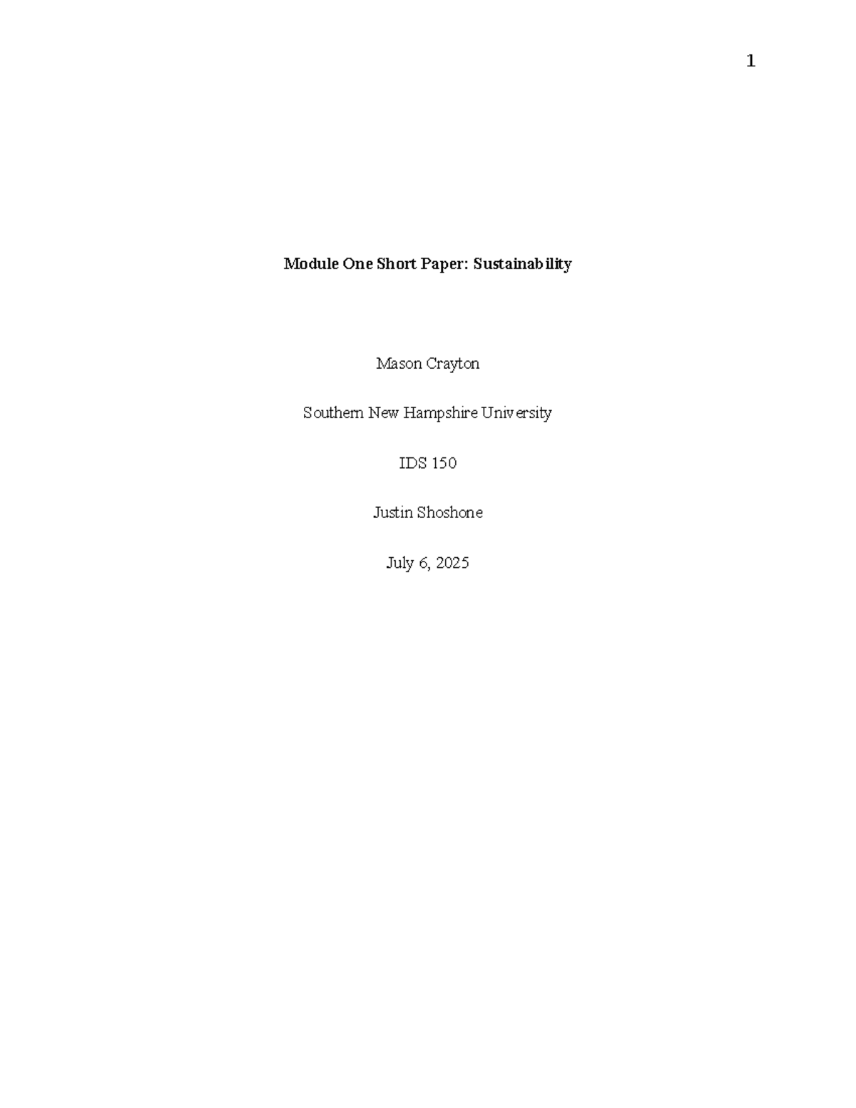 IDS 150 Module One Short Paper: Sustainability Insights - Studocu