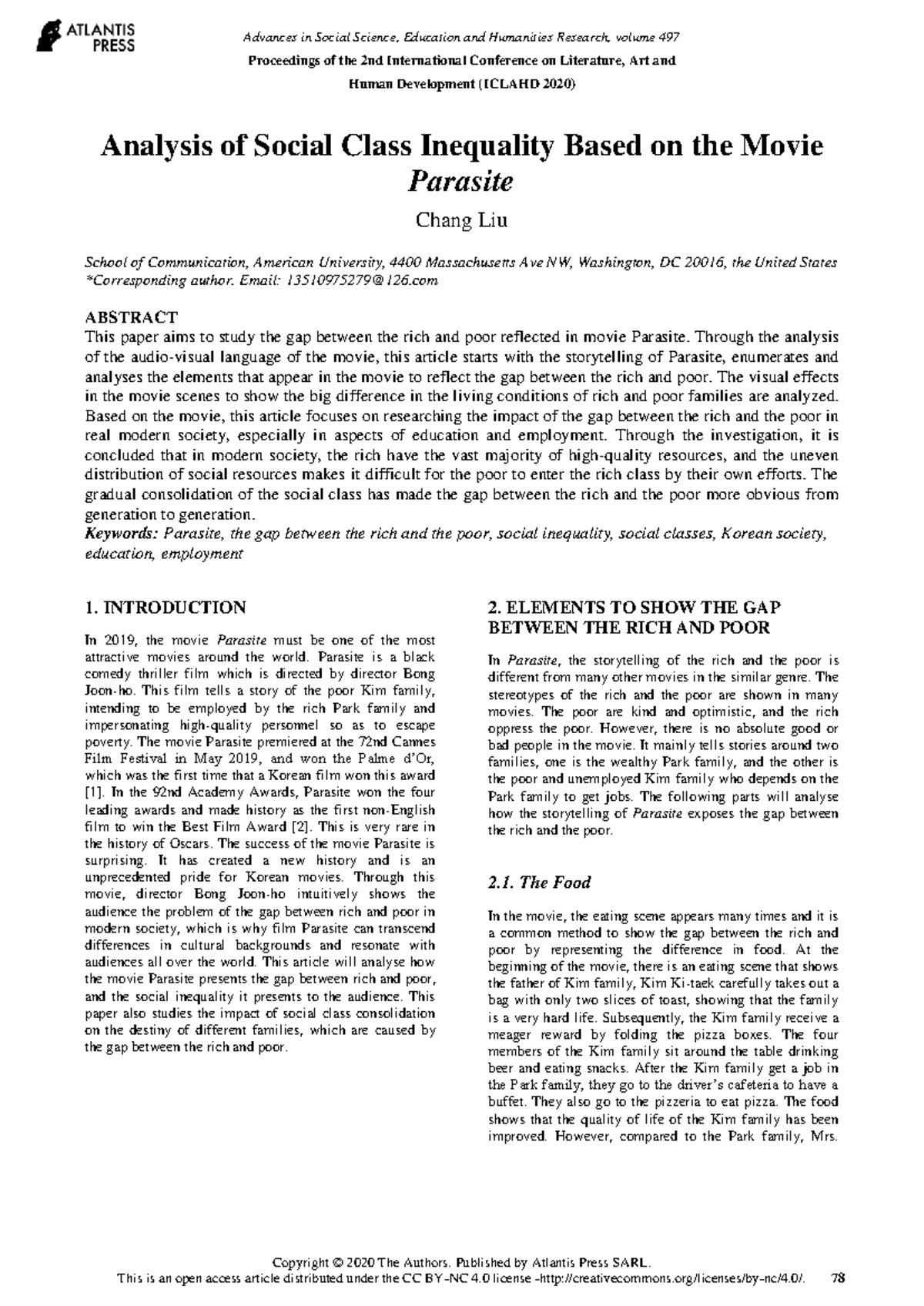 Analysis of Social Class Inequality in Parasite: ICLAHD 2020 Insights ...