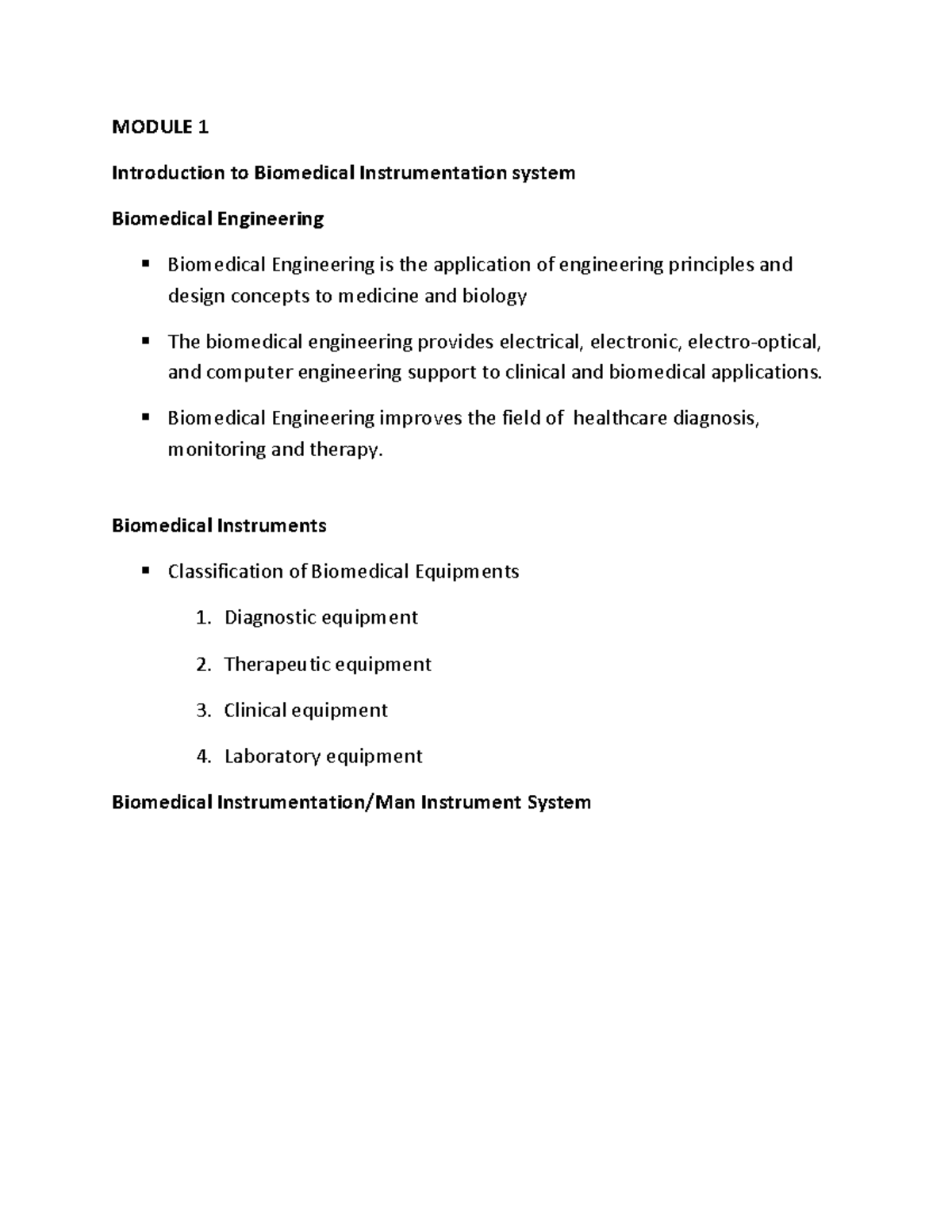 Bio Module 1 - lecture notes - MODULE 1 Introduction to Biomedical ...