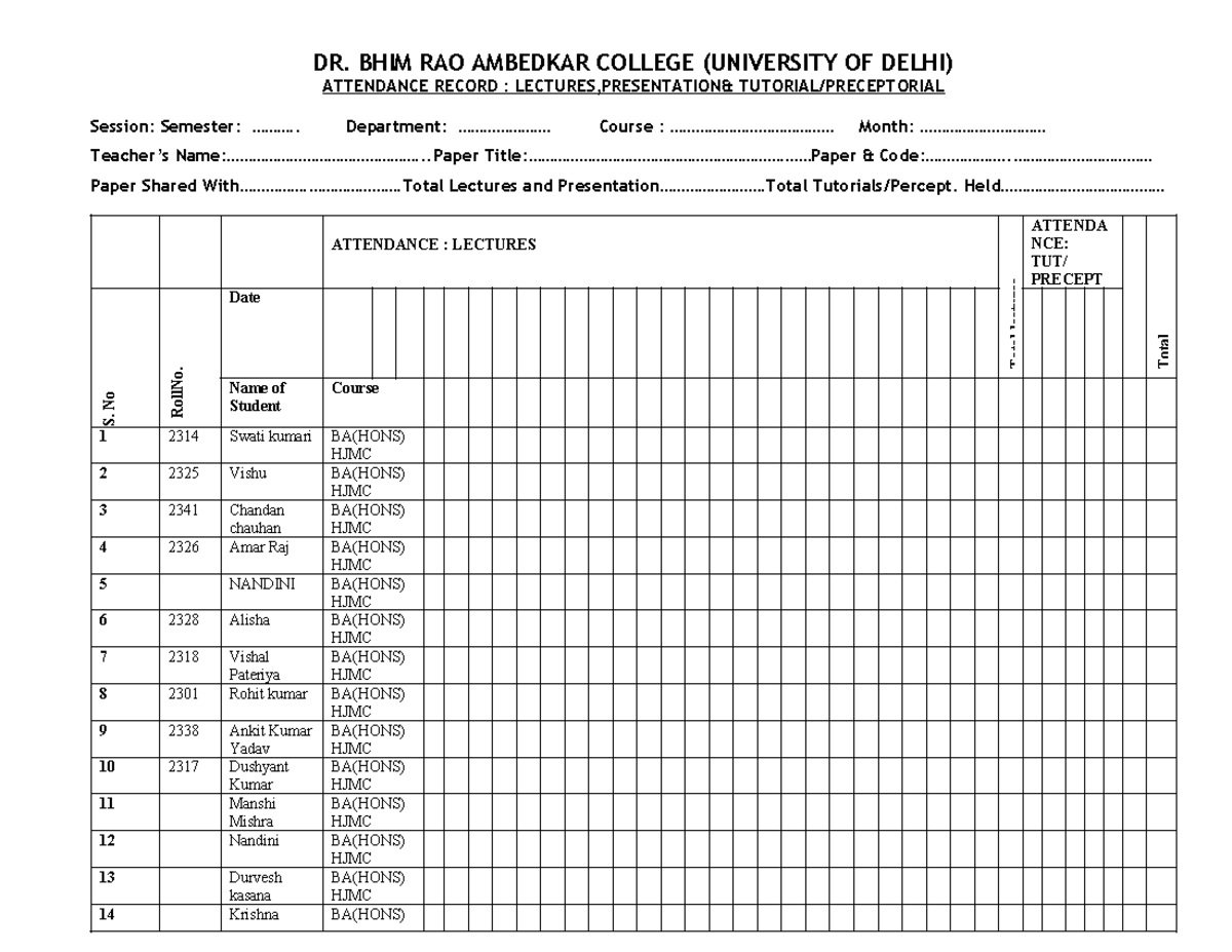 Attendance Record: Lectures, Presentations & Tutorials for BA(HONS ...