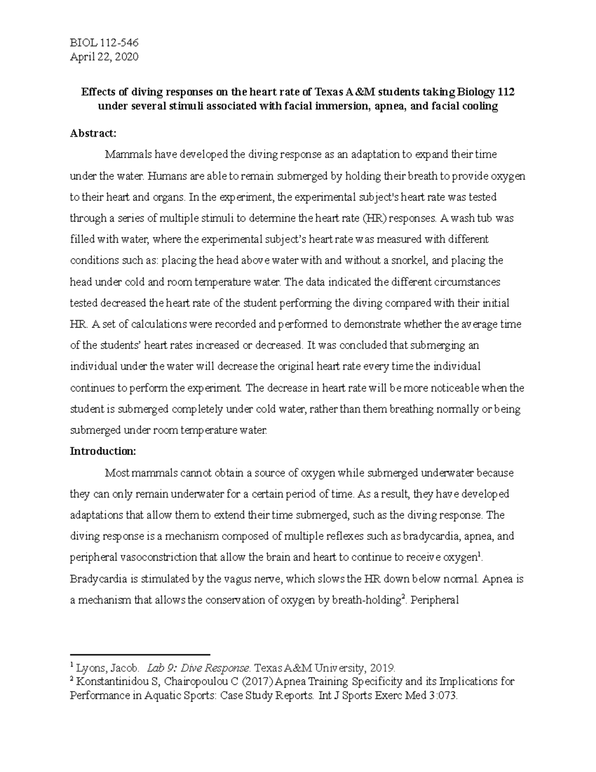 BIO LAB Report 112 - Effects of Diving Response on Heart Rate - Studocu