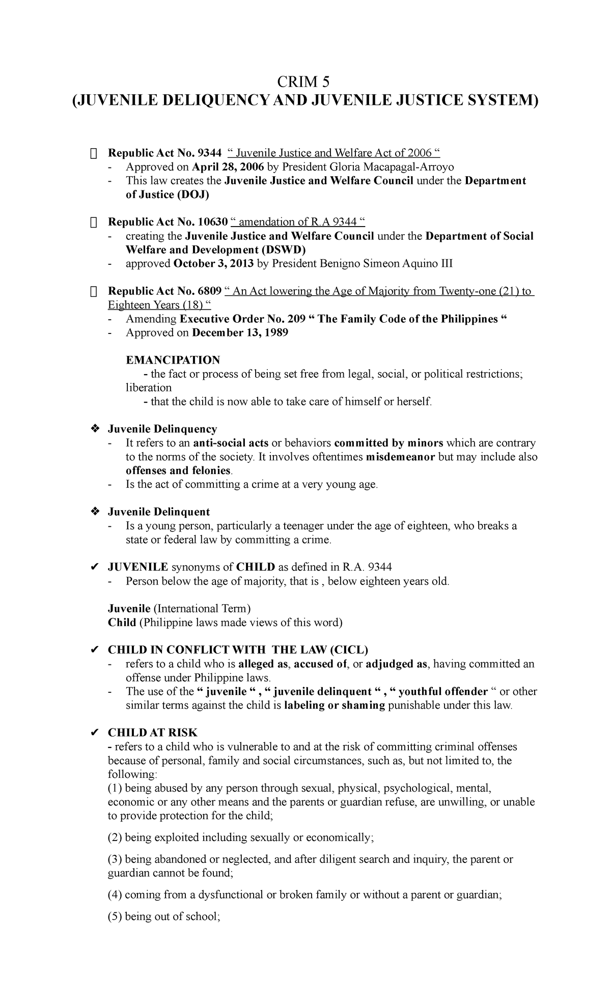 CRIM 5: Overview of Juvenile Delinquency and Justice Systems - Studocu
